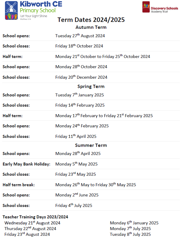 Term Dates – Kibworth CE Primary School